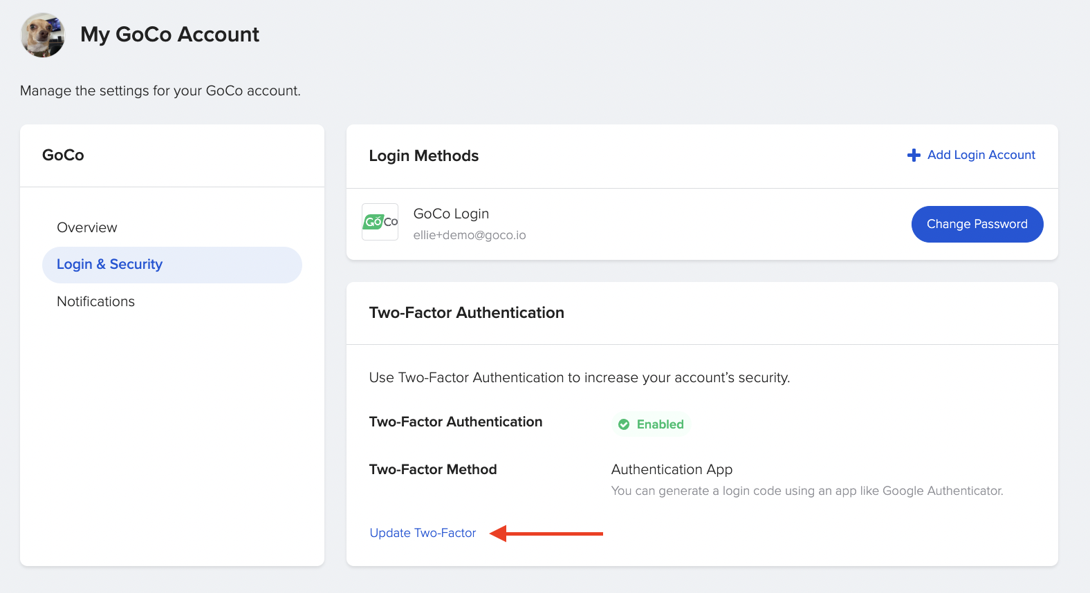 How can I update Two-Factor Authentication for my GoCo account?